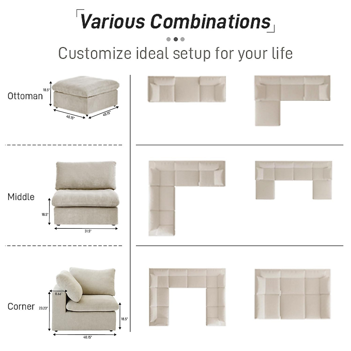 Cloud Modular Sectional Sofa,Down Filled Comfort Sofa Couch for Living Room,Minimalist Wide Deep Seat Convertible Couches,Sofa Cover Washable & Removable (Khaki, 8 Seater)