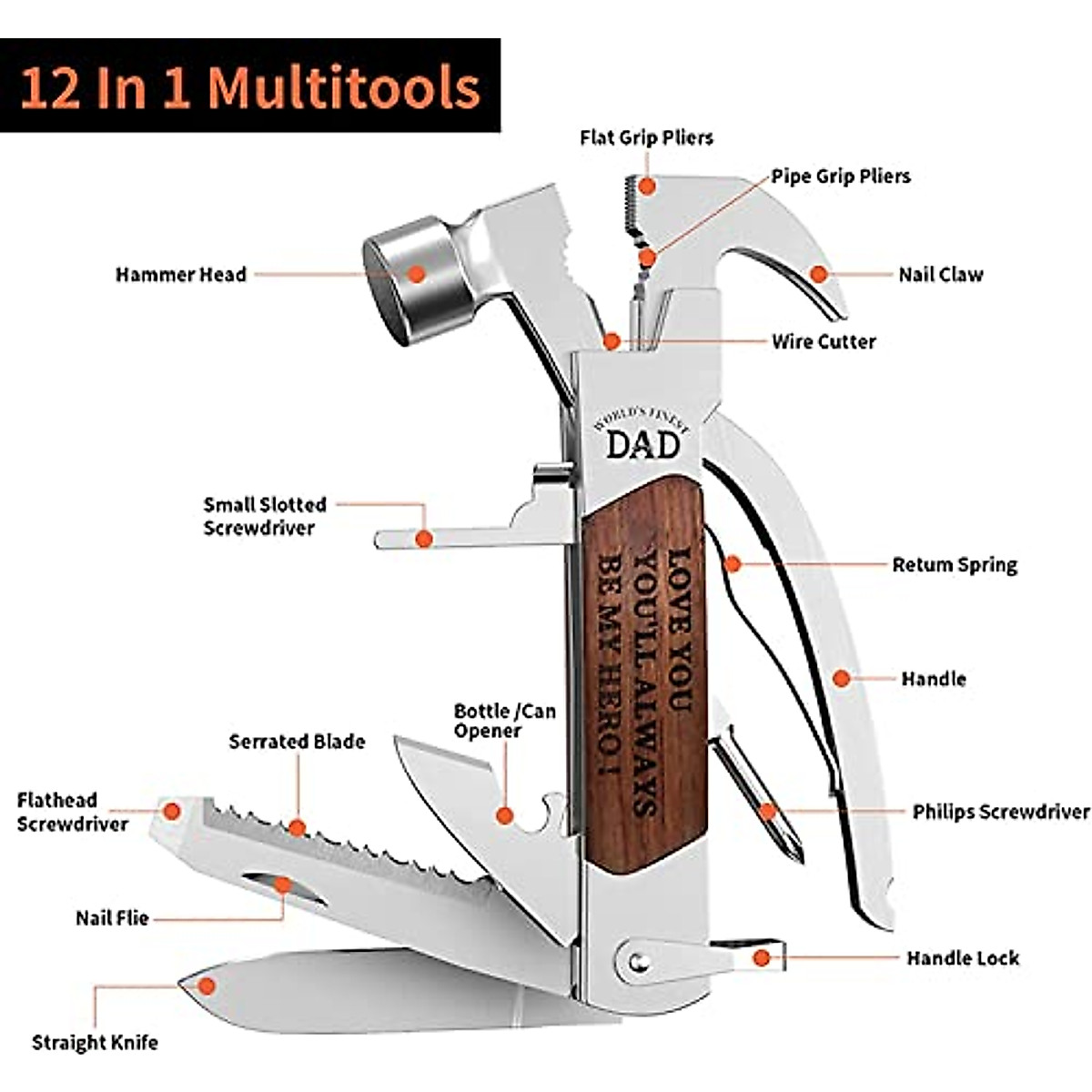 Christmas Gifts for Dad from Daughter Son Kids 12 in 1 Multitool Hammer Cool Gadgets Stocking Stuffer Gifts for Men Him Birthday Anniversary Thanksgiving Gifts Ideas for Father (with Gifts Box)