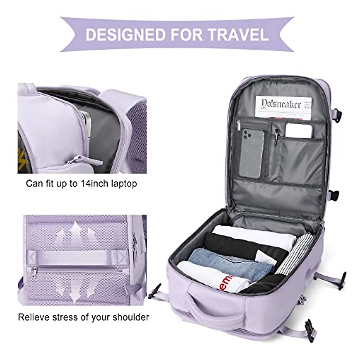 WONHOX Large Travel Backpack Women, Carry On Backpack,Hiking Laptop Backpack Waterproof Outdoor Sports Rucksack Casual Daypack (Purple)