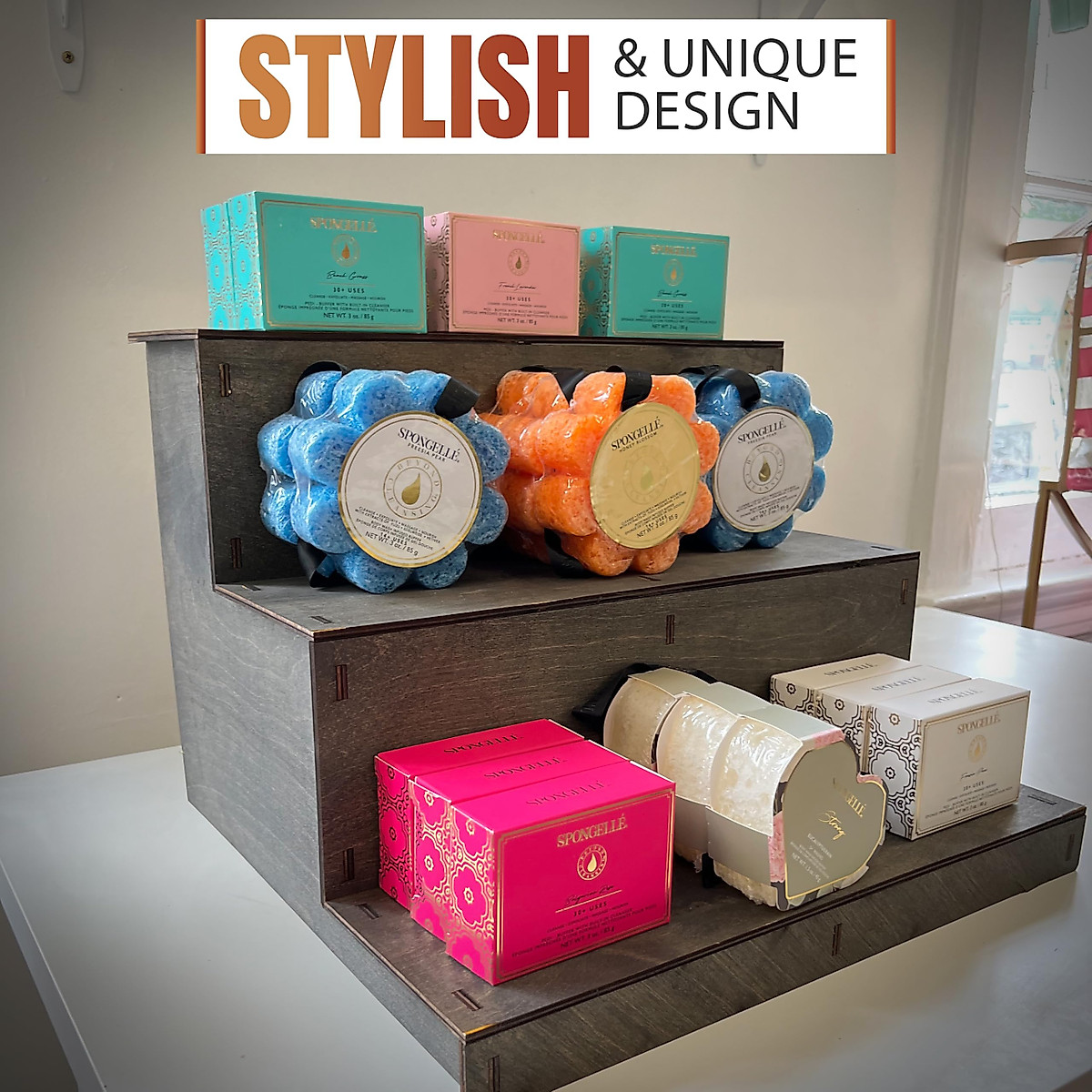 Versatile 3-Tier Wooden Portable Display Stand | Ideal for Craft Shows, Farmers Markets, and Tradeshows | Easy Assembly | Bottles, Soap, CBD, Jewelry, Cups, Tumblers, and Coasters (Black, STRAIGHT)…