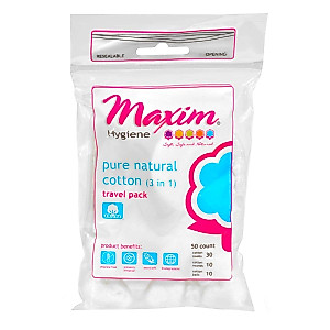 Maxim Natural Cotton Travel Pack, 400ct, Combo (3-in-1, Balls/Rounds/Swabs), No Chlorine/Dioxin, Biodegradable, Hypoallergenic, Gentle Touch, with Paper Stick Swabs, Combo Pack 1 Pack of 50