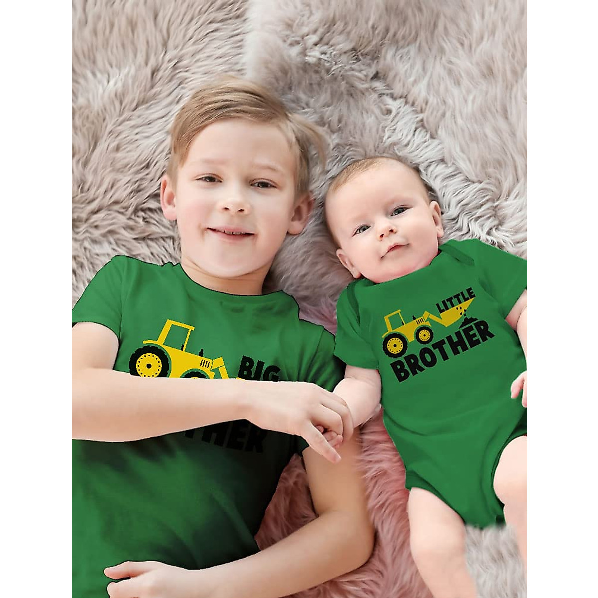 Tractor Big Brother Little Brother Matching Sibling Outfits Toddler Kids Tshirt & Baby Bodysuit Set Baby Green/Kids Green Baby Newborn/Kids 3T
