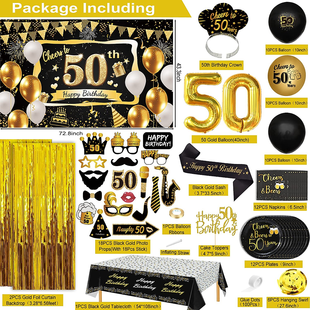 50th Birthday Decorations for Men Women,90 PCS Black Gold 50th and Fabulous Birthday Decorations,Including 50th Birthday Banner Backdrop,Crown,Balloons,Plates, Photo Props, Sash,50th Birthday Gifts