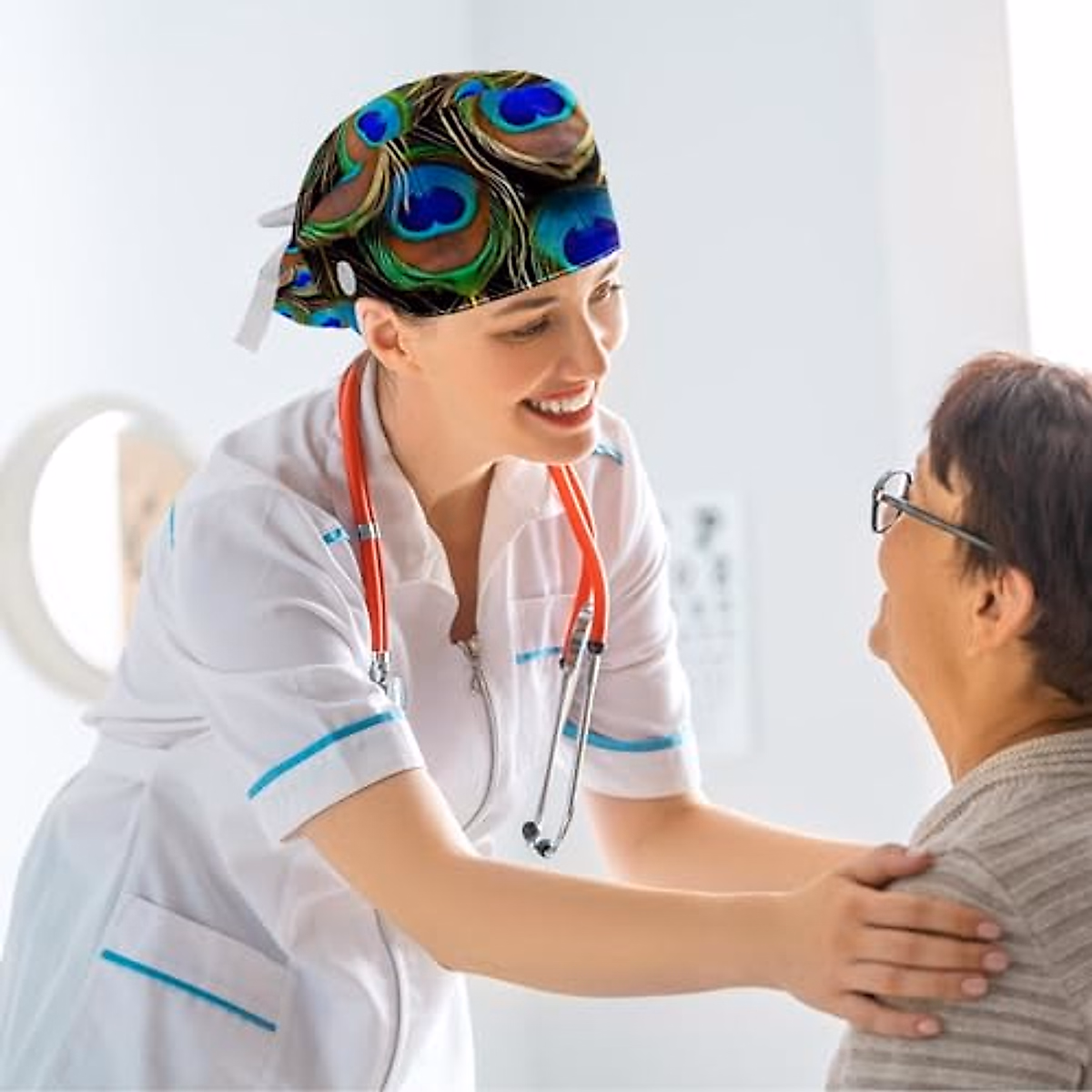 Scrub Surgical Hat,Cycling Hat with Buttons and Cotton Sweatband,Gold Texture Peacock Feather