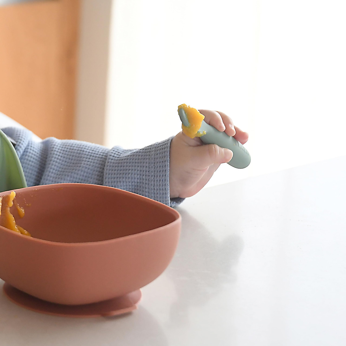 BEABA Set of 2 Silicone Pre-Spoons, For Babies 4-8 Months, Ultra-Soft Silicone Spoons to Help with Self Feeding, Designed with Specialist, Baby Utensils, Sage/Grey