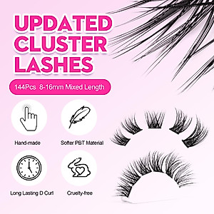 Lash Extension Kit 144Pcs Lash Clusters DIY Eyelash Extension Kit D Curl Fluffy Cluster Lashes Wispy Individual Lashes with Long Lasting Lash Bond and Seal and Lash Tweezers for Lash Extension at Home