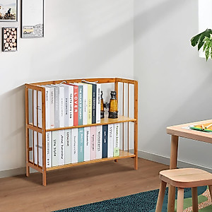 MoNiBloom Bamboo 2-Tier Bookshelf Bookcase Storage Organizer Plant Flower Stand, Utility Shelf Rack for Living Room Bathroom Balcony Table Home, Natural