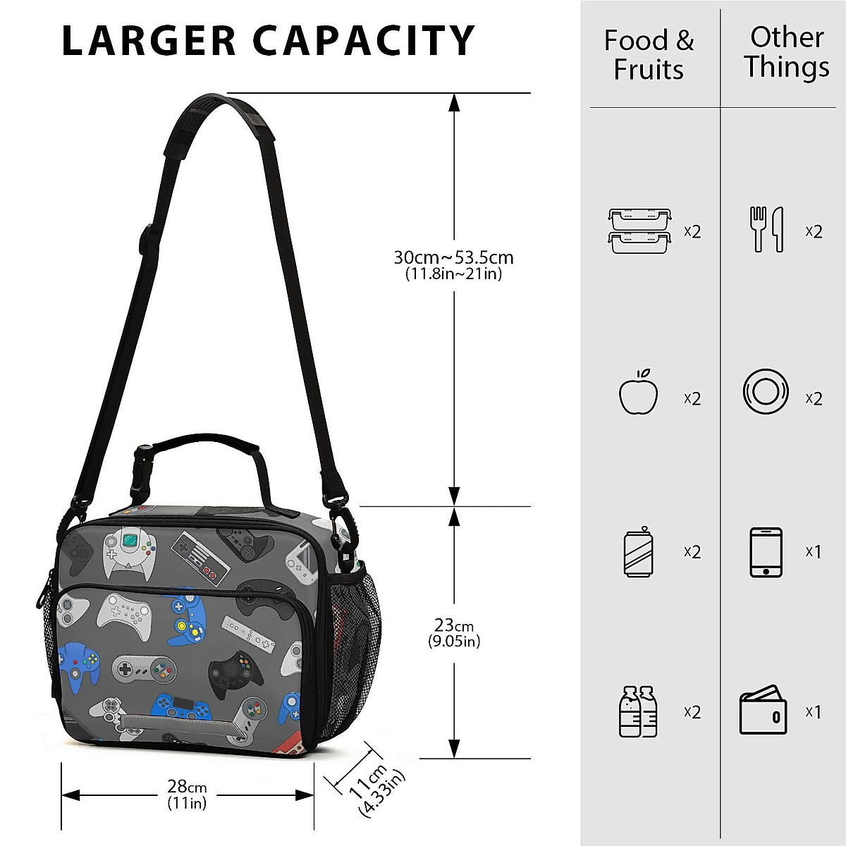 Video Game Controller Lunch Bag for Women Men Gamepad Joystick Insulated Cooler Tote Bag with Adjustable Shoulder Strap Large Capacity Reusable Leakproof Picnic Lunch Box Outdoor for Adult Office