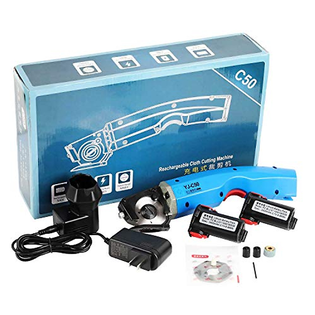 RESHY Portable Electric Cordless Rotary Fabric Cutter with 50mm Rotary Blade Rechargeable Hand-Held Fabric Cutting Machine Electric Scissors for Cutting Multi-Layer Fabric and Leather