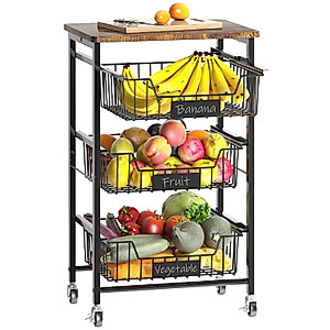 CHLORYARD 4-Tier Vegetable Fruit Basket Kitchen Storage Rolling Cart on Wheels with Pull-Out Baskets and Wood Top for Kitchen Diningroom Pantry