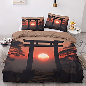 zcwl Japanese Duvet Cover Cal King Size | Japan Torii Gate Bedding Set | 3 Piece | Soft Microfiber Patterned Comforter Cover with Zipper Ties & 2 Pillowcases | Japanese Bedroom Decor