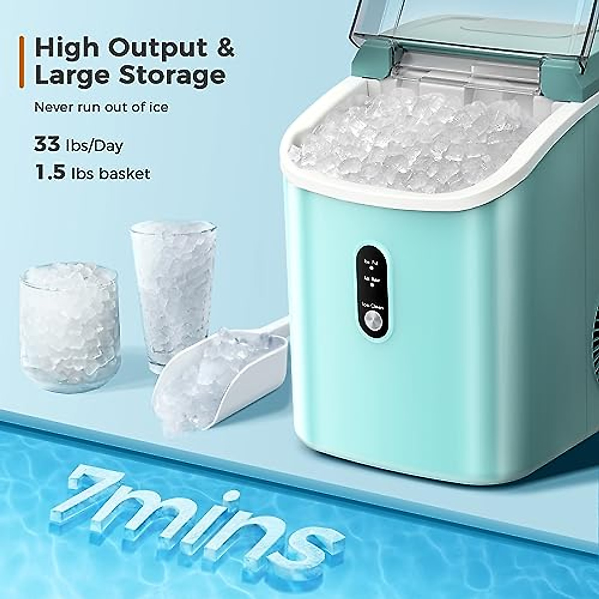 AGLUCKY Nugget Ice Maker Countertop, Portable Pebble Ice Maker Machine with Self-Cleaning Function,35lbs/24H,One-Click Operation,Pellet Ice Maker for Home/Kitchen/Office(Green)