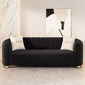 Moxoq Modern Black Velvet Couch for Living Room, 83.46" Curved Black Sofa with Gold Metal Sphere Legs, 3 Seater Comfy Cloud Couches for Bedroom Apartment (Velvet Black)