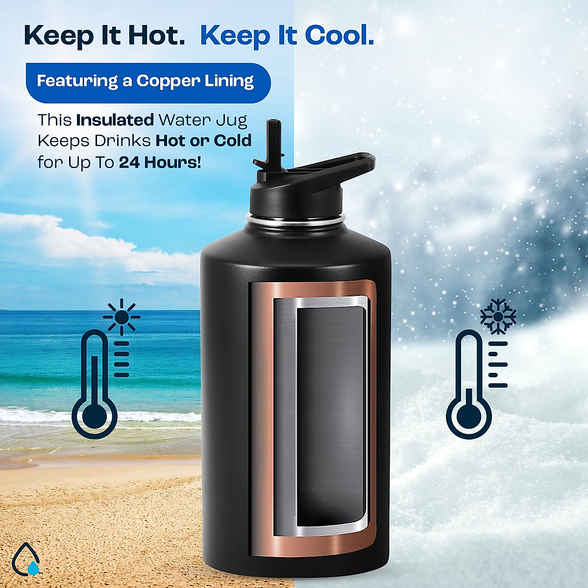 AQUAFIT Insulated Water Bottle 64 oz - Water Bottle Stainless Steel - 64 oz Water Bottle - 64 oz Insulated Water Bottle with Straw - Half Gallon Water Bottle Insulated Growler (74oz, Midnight Black)