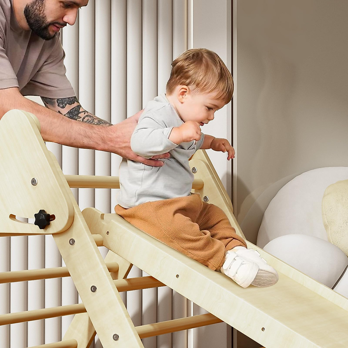 Benarita Pikler Triangle Set 2 in 1, Folding Wooden Triangle Climber with Ramp, Indoor Climbing Toys for Toddlers, Montessori Climbing Toys for Kids Gym Playground