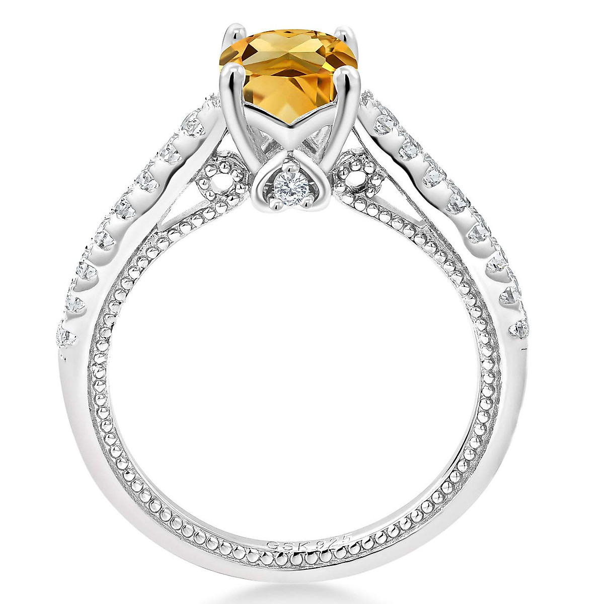 Gem Stone King 925 Sterling Silver Yellow Citrine and White Created Sapphire Engagement Ring For Women (1.20 Cttw, Cushion 6MM, Gemstone November Birthstone, Available In Size 5, 6, 7, 8, 9)