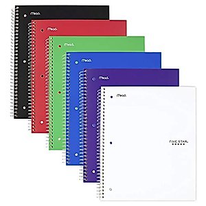 Five Star Spiral Notebooks, 5 Subject, Wide Ruled Paper, 200 Sheets, 10-1/2" x 8", Assorted Colors, 6 Pack (38417)