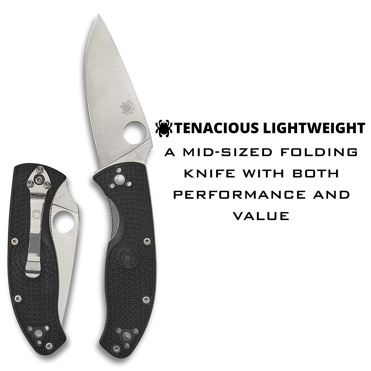 Spyderco Tenacious Lightweight Folding Utility Pocket Knife with 3.39" Stainless Steel Blade and Black FRN Handle - Everyday Carry - PlainEdge - C122PBK