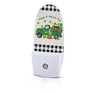 St. Patrick's Day Night Light, LED Plug in Night Light, Black White Checkered Green Truck Clover Gold Night Lights with Dusk to Dawn Sensor Decorative Kids/Adults Nightlight for Bedroom Bathroom