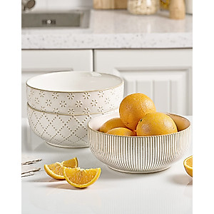 getstar Large Serving Bowls (8 inch & 60 fl oz), Ceramic Salad Bowl Set of 2, Microwave and Dishwasher Safe, Farmhouse Kitchen Decorative Bowls Set (Embossed Checks & Stripes)