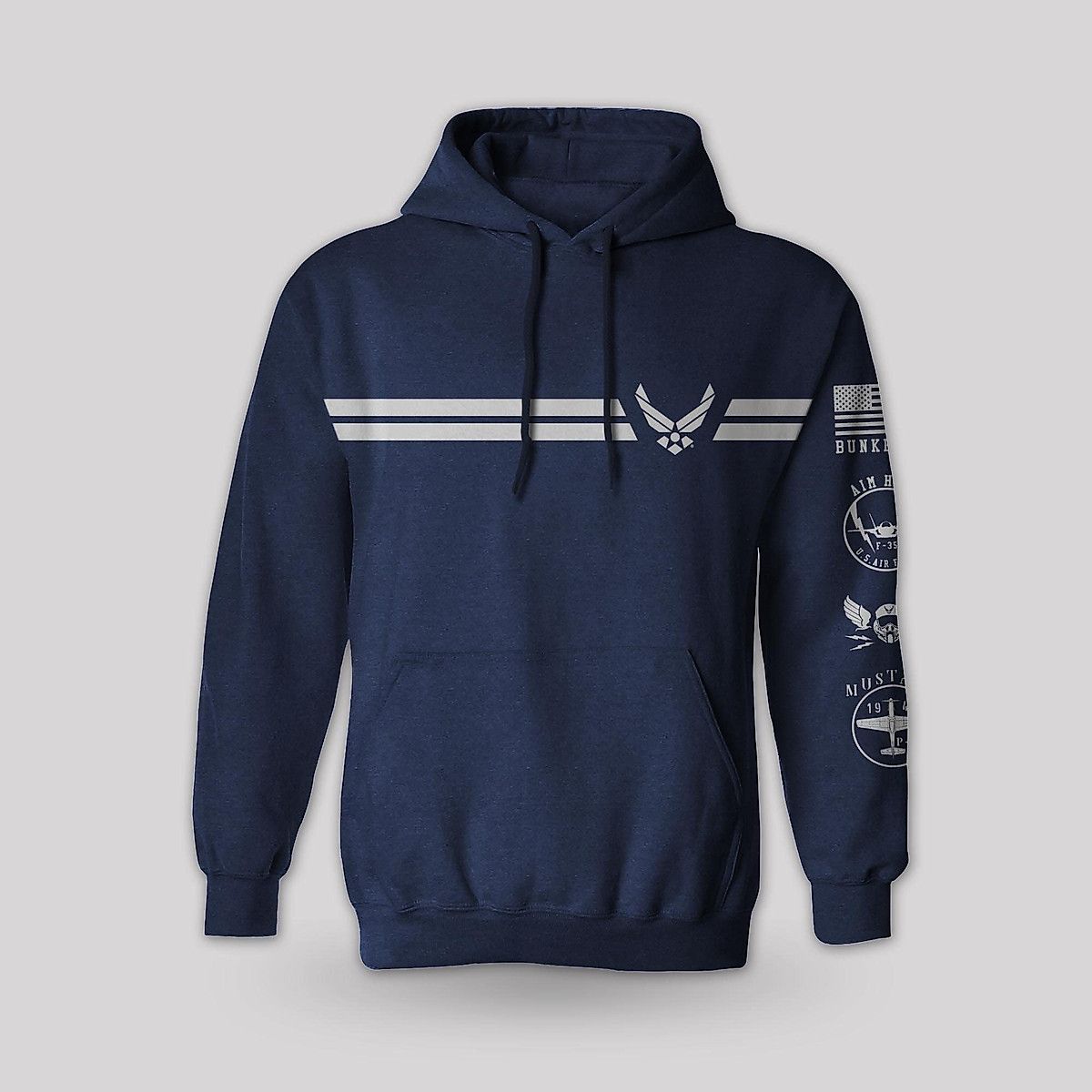 BUNKER 27 Air Force Stripe Logo Pullover Hoodie - 2XL - Heather Navy