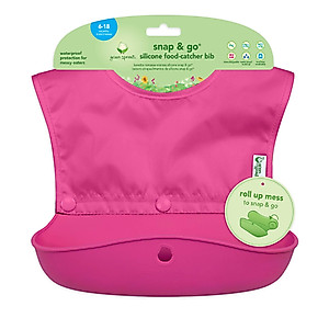 green sprouts Snap & Go Silicone Food-Catcher Bib, Soft, Waterproof Top + Scoop, Roll Up for Easy Travel, Made Without PVC, Formaldehyde, AZO Dyes, Pink, One Size