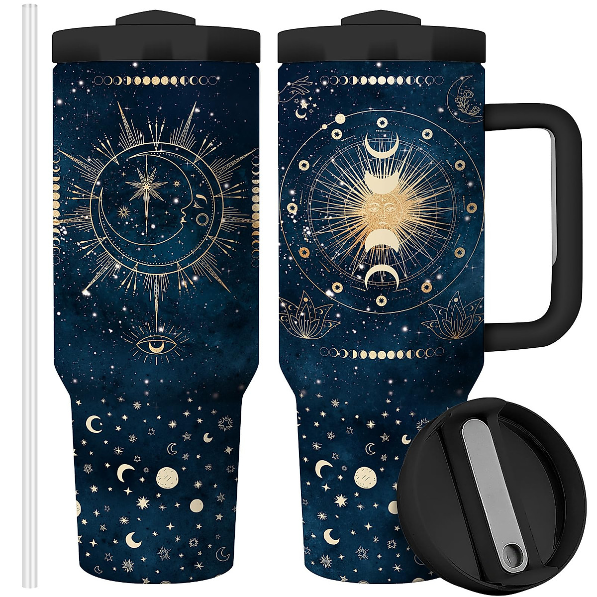 Equoza Tumbler with Lid and Straw Travel Coffee Mug Gifts for Astrology, Celestial, Moon, Galaxy Lovers 40oz Tumbler with Handle Travel Mug Double Wall Vacuun Insulated Cup (Pack of 1)