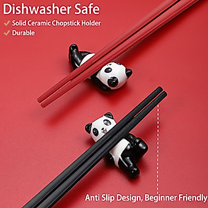 Chopsticks Reusable Panda Gifts With Cute Chopstick Rest & Chopsticks Dishwasher Safe Anniversary Gift for Couple (2PC Red-Black)