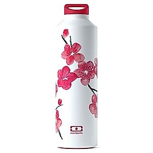 MONBENTO - Insulated Water Bottle MB Steel Blossom 17 Oz - Stainless Steel - Leakproof - Infuser - Hot/Cold for Up to 12 Hours - Tea, Coffee - BPA Free - Food Grade Safe - Japanese Flowers - White Red