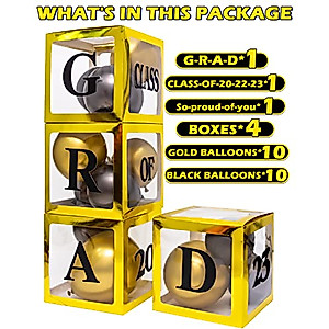 LABEOL Graduation Party Decorations 2023,4 PCS Gold Balloon Boxes with"GRAD""CLASS OF 20 22 23""So proud of you"Letters and 20 PCS Balloons for Graduation Party Decorations Supplies for Class of 2023