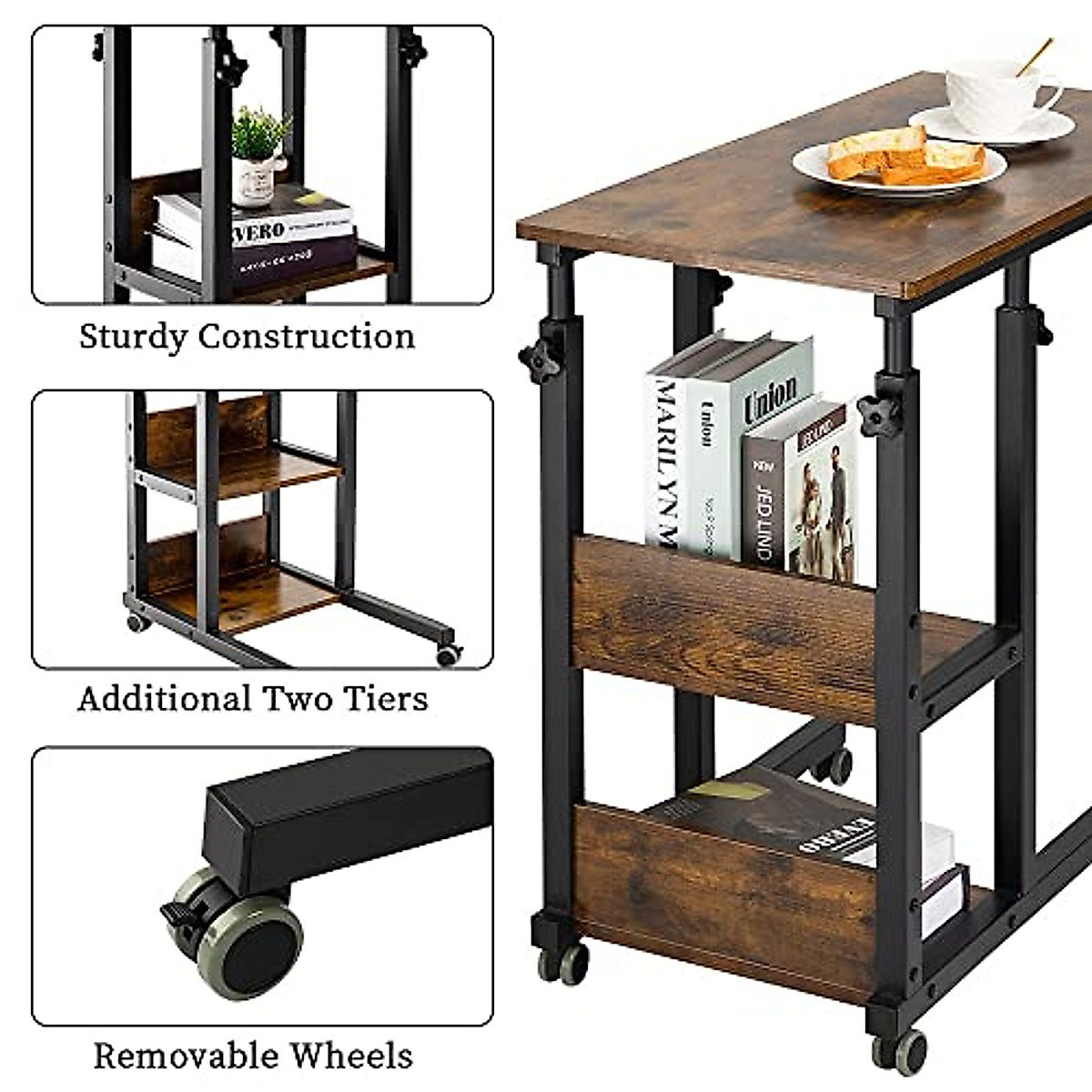 Hadulcet C Shaped Side Table Adjustable, Height Adjustable C Table with Wheels and Storage Shelves for Couch Bed Recliner Rustic Brown