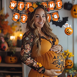 Our Little Boo is on the Way Baby Shower Decorations,Halloween Baby Shower Decorations for Boy Kit Backdrop Backdrop Banner Cake Cupcake Topper Tablecloth Spider Web for Baby Boy Shower Halloween