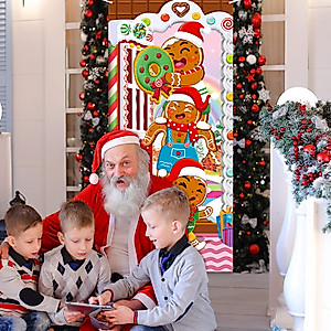 Christmas Door Cover Decorations Gingerbread House Door Cover Gingerbread Man Christmas Door Backdrop Banner Xmas Door Hanging Banner for Christmas Winter Party Ginger Bread Holiday Xmas Eve Supplies
