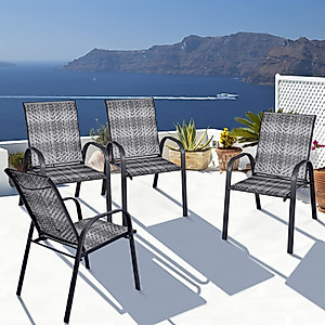 Tangkula Set of 6 Outdoor PE Wicker Stackable Chairs, Patio Dining Chairs with Sturdy Steel Frame, Outdoor Arm Chairs for Garden, Yard, Deck and Lawn (1, Mix Grey)