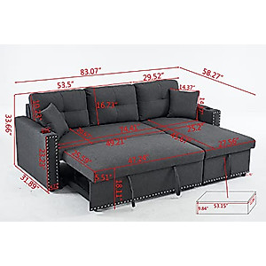 Payeel Sectional Sofa with Pull-Out Bed and Storage Chaise Lounge 83" Furniture Contemporary L-Shaped Fabric Sleeper Sofa Bed with Cup Holders for Living Room, Apartment (Dark Gray W/Rivet)