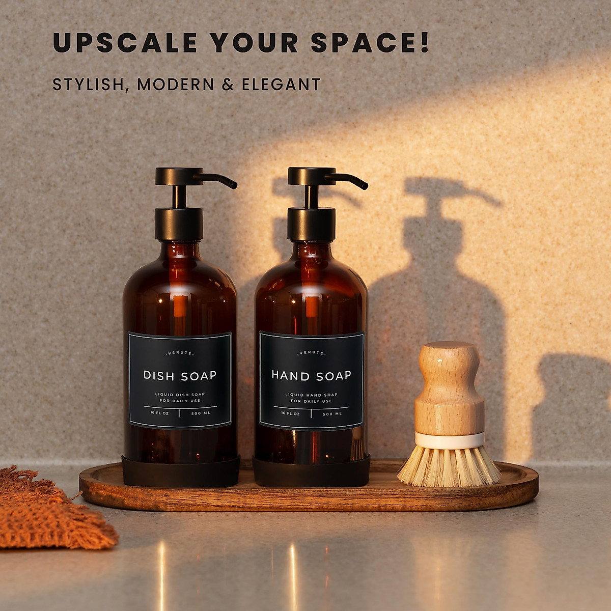 Verute 16oz Glass Soap Dispenser with Stainless Steel Pump, 21 Waterproof Labels, Non-Slip Protective Silicone Pad, Set of 2 for Bathroom & Kitchen (Amber Bottle/Black Pump)