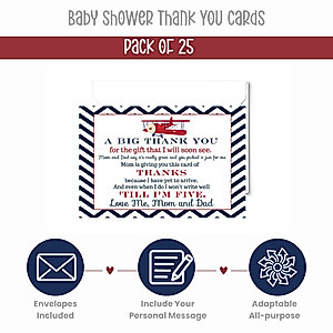 Paper Clever Party 25 Airplane Baby Thank You Cards Pack – Boys Baby Shower Notes with Envelopes, Prefilled Message, Customizable Blank Stationery, Adventure Theme, New Parents Gift Ideas