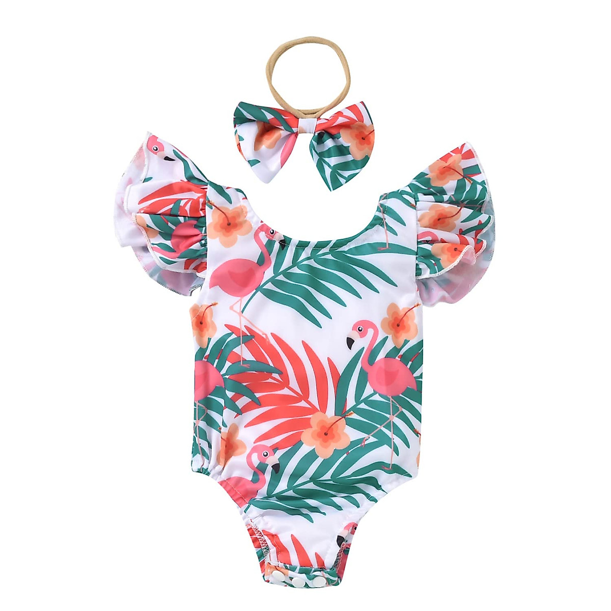 MINIFEIKO Toddler Baby Girl Tropical Swimsuit Newborn Girls One Piece Ruffle Bathing Suit with Headband Summer Bikini Swimwear for Infant Girls(Palm Leaf,12-18 Months)