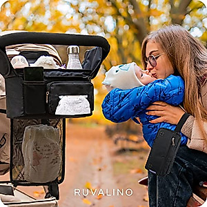 RUVALINO Universal Stroller Organizer with Cup Holders Stroller Caddy with Detachable Bag, Tissue Pocket, Non-Slip Strap Accessories for Uppababy, Umbrella, Wagon, Baby Jogger, Bob, and Pet Stroller