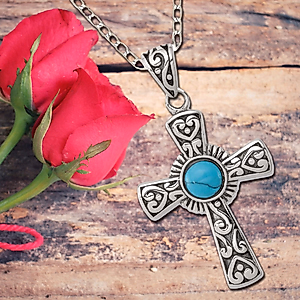 JewelryWeb - 925 Sterling Silver Oxidized Simulated Turquoise Cross Pendant - 20mm x 32mm - Artisan Cross Necklace - Handmade Cross Necklace - Christian Jewelry