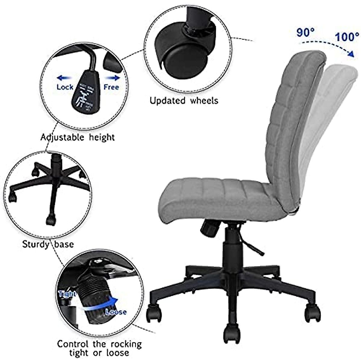 Ergonomic Home Office Desk Chair – Computer Mesh Adjustable Task Swivel Tilt Tension Armless Cushion Mid-Fiber Mesh Lumbar Support (Light Grey)