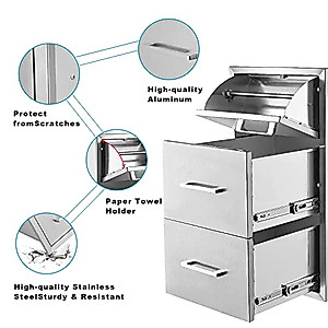 ARTYUIO Outdoor Kitchen Drawers Stainless Steel 17W x 30H x 21D Inch BBQ Storage Cabinets Drawers with Handles, Flush Mount Double Drawers,1 Paper Towel Holder for Outdoor Kitchen
