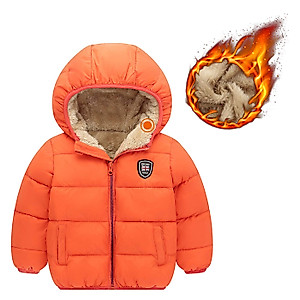 Happy Cherry Kids Winter Windproof Warm Coat Autumn Thick Fur Lined Outwear Hooded Zipper Jacket with Pockets for 2-3 Years, Orange