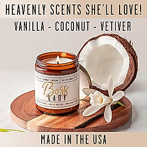 Boss Lady Gifts for Women - 'Boss Lady' Soy Candle, w/ Vanilla, White Coconut & Vetiver I Best Boss Gifts for Women I Girl Boss Female Gifts I 9oz Reusable Glass Jar, 50Hr Burn Time, 9oz, Made in USA