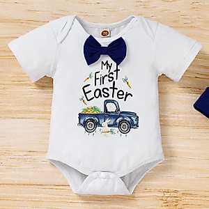 GRNSHTS Baby Boy My First Easter Pants Set Newborn Boys Short Sleeve Romper + Rabbit Long Pants 3PCs Easter Clothes(Blue,3-6M)