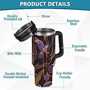 Bokkoy Iris and Chain 40 oz/30 oz Tumbler with Handle and Straw Stainless Steel Tumbler with Lid Reusable Vacuum Insulated Cup