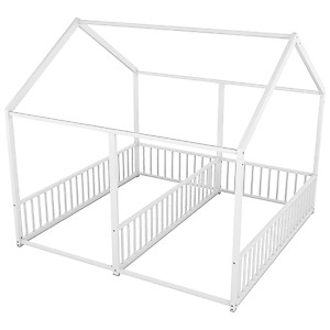 P PURLOVE Double Twin Floor Bed Frame for 2 Kids,Double Twin Size Metal Shared Bed with Fence Railings,House Floor Bed Frame Twin Size with Roof or Kids,Teens, Boys & Girls