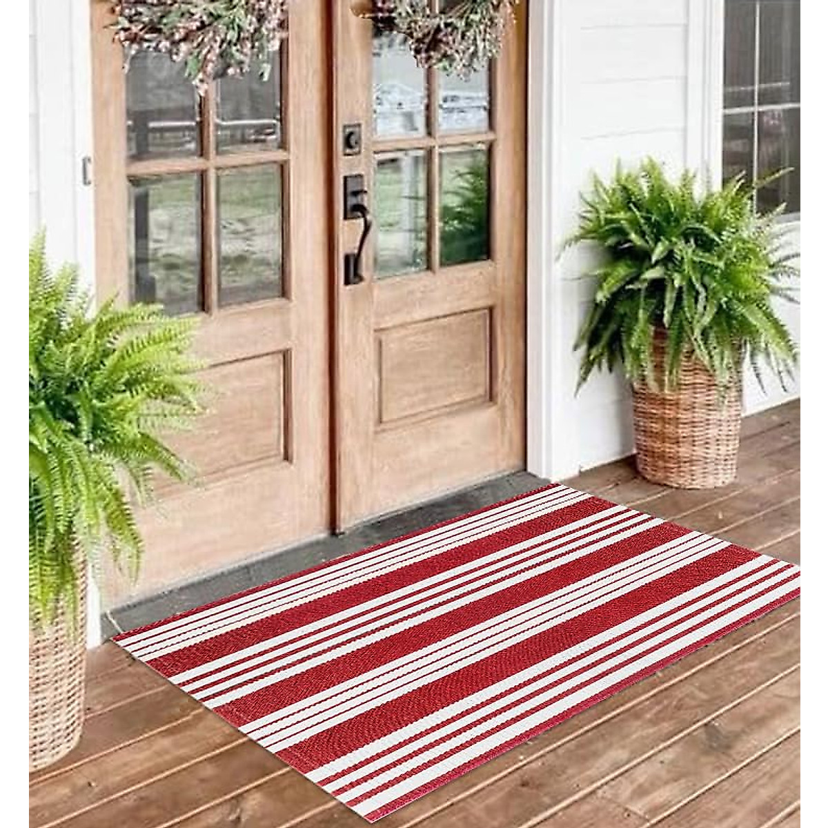 Striped Outdoor Rug for Porch 24"x51" Red and White Front Porch Rug Layered Doormat Cotton Woven Washable Throw Carpet for Hallway/Front Steps/Bathroom/Kitchen/Home Entrance