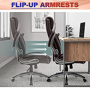 ICOMOCH High Back Office Chair with Flip-up Arms - Executive Computer Desk Chair with Adjustable Height Thick Padded Seat and Back Support Swivel Bonded Leather Task Chair for Home Office Work, Brown