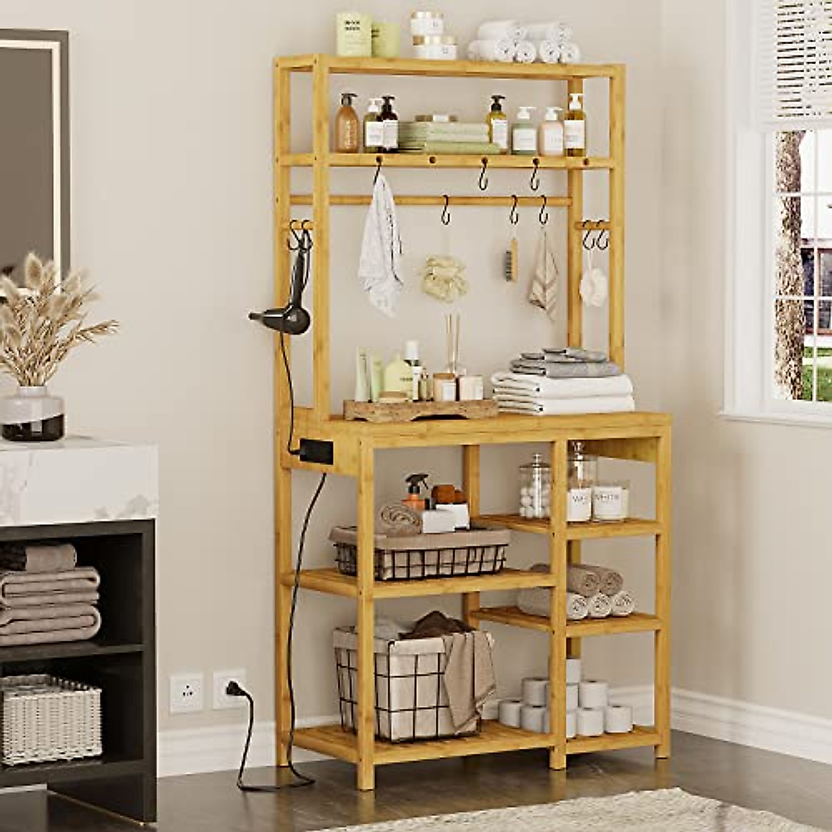 FORABAMB Bakers Rack with Power Outlets, 8-Tier Microwave Stand, Kitchen Utility Storage Shelf 10 S-Shaped Hooks, Coffee Bar Table Station, Standing Rack, 31.5 x 15.7 x 65 Inches, Bamboo